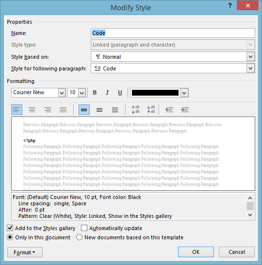 Creating a style in Word 2013 for code snippets - 404 Tech Support